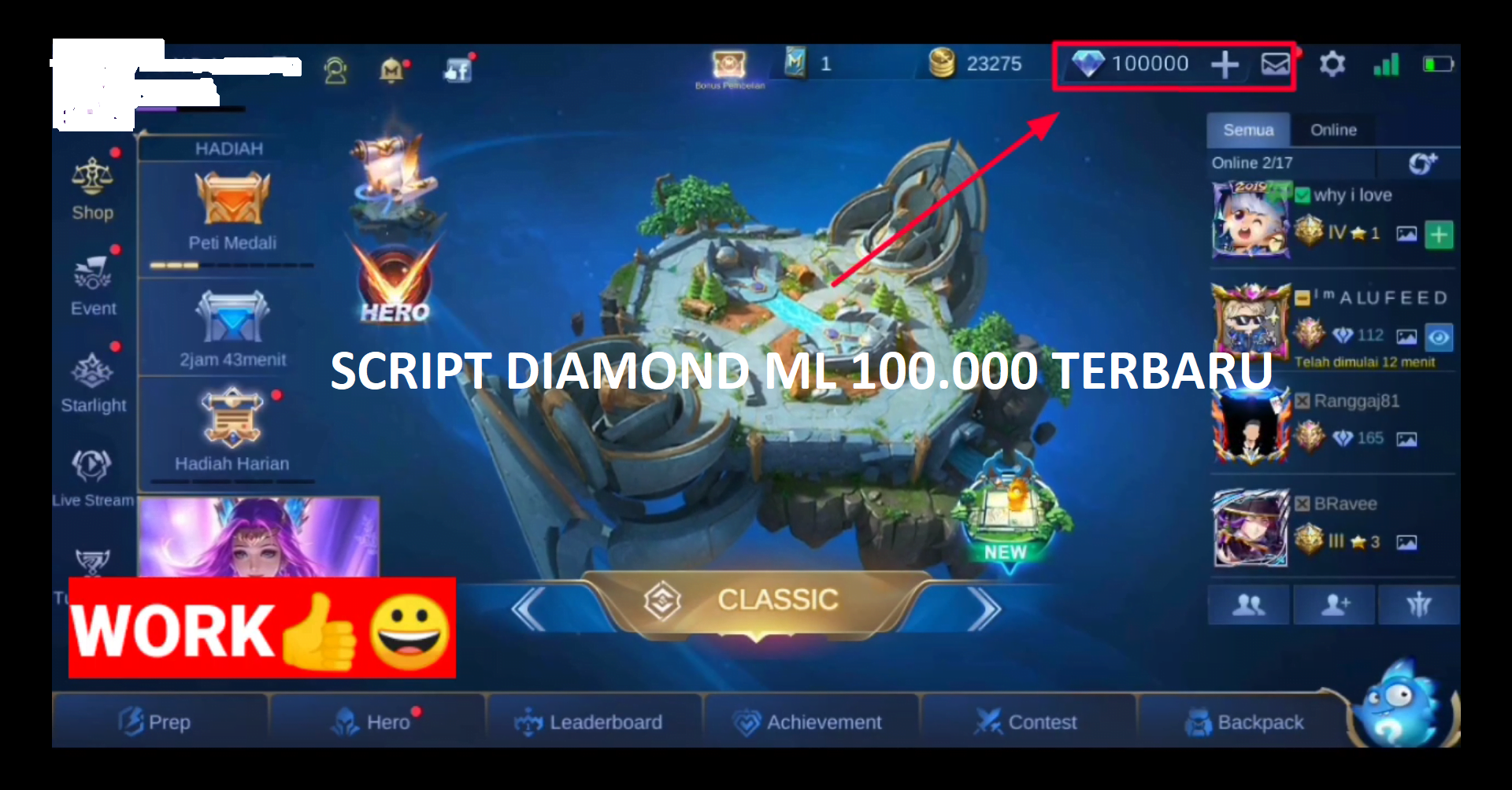 Script Diamond ML 100.000 Gratis Patch Terbaru 2022