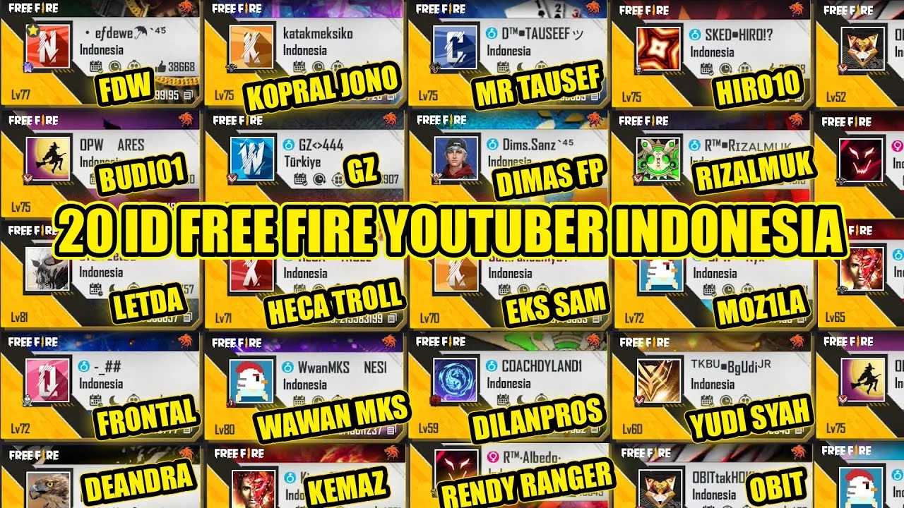 ID Youtuber FF Asli Indonesia Lengkap Terbaru 2023